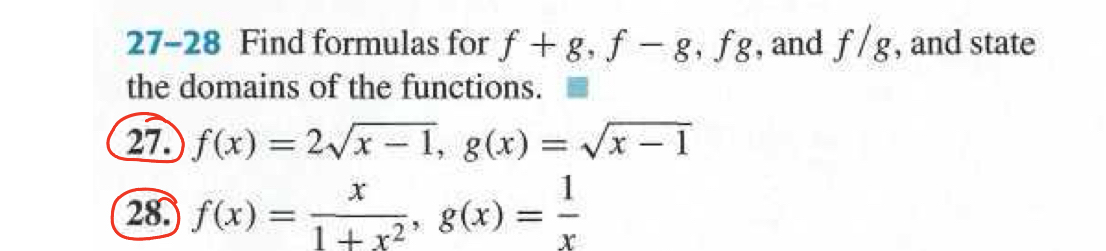 Solved 27-28 ﻿Find formulas for f+g,f-g,fg, ﻿and fg, ﻿and | Chegg.com