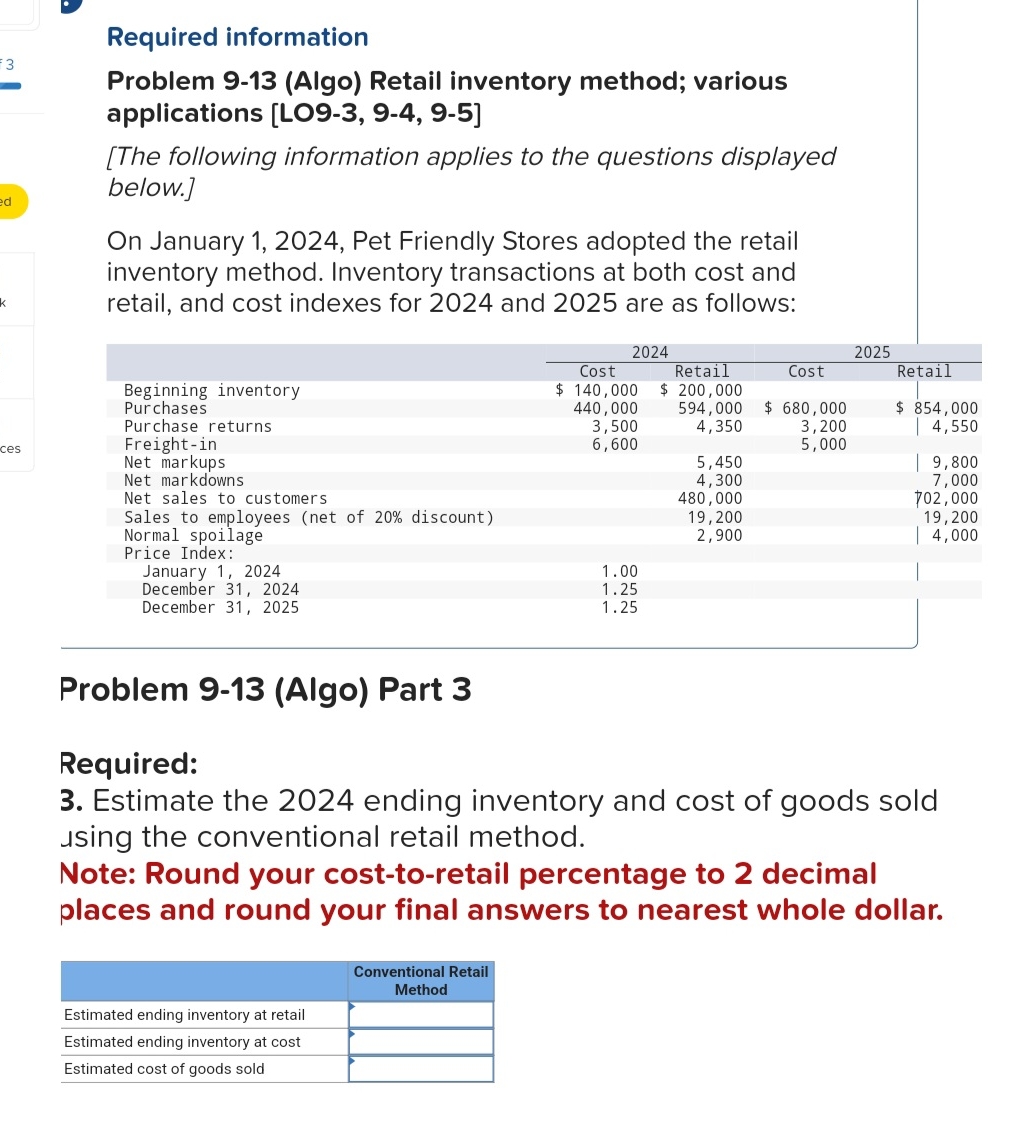 Solved Required informationProblem 9-13 (Algo) ﻿Retail | Chegg.com