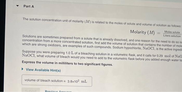 Solved The solution concentration unit of molarity (M) is | Chegg.com