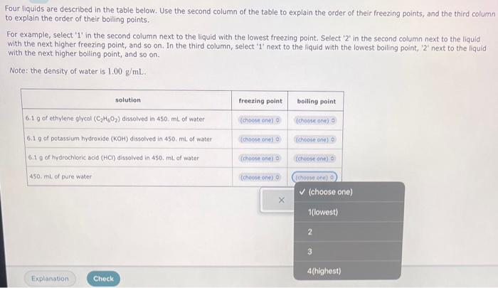 Solved Four liquids are described in the table below. Use | Chegg.com