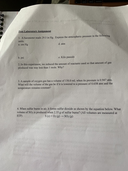 Solved Post Laboratory Assignment 1. A barometer reads 29.5 | Chegg.com