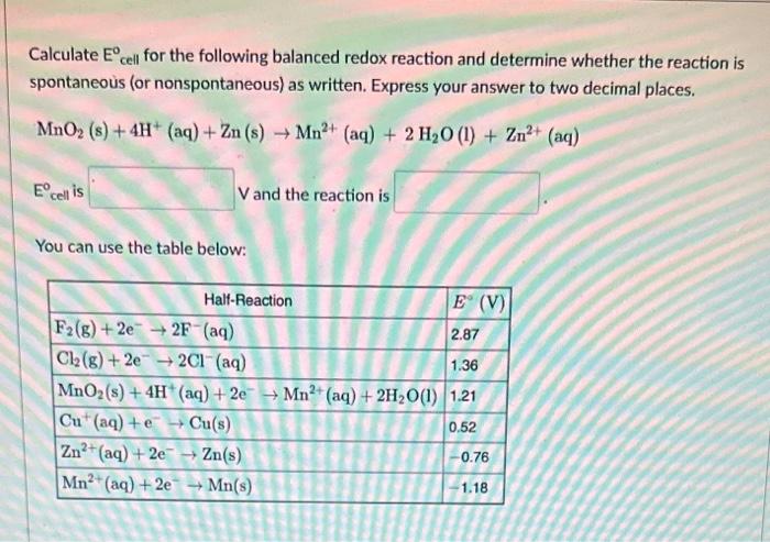 Solved Calculate Ecell ∘ for the following balanced redox | Chegg.com