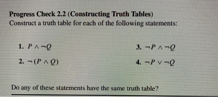 Solved Progress Check 2.2 (Constructing Truth Tables) | Chegg.com