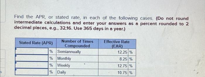 Solved Find the APR, or stated rate, in each of the | Chegg.com