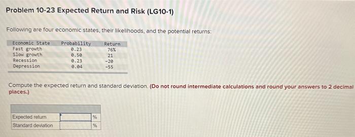 Solved Problem 10-23 Expected Return and Risk (LG10-1) | Chegg.com Solved Problem 10-23 Expected Return and Risk (LG10-1) | Chegg.com