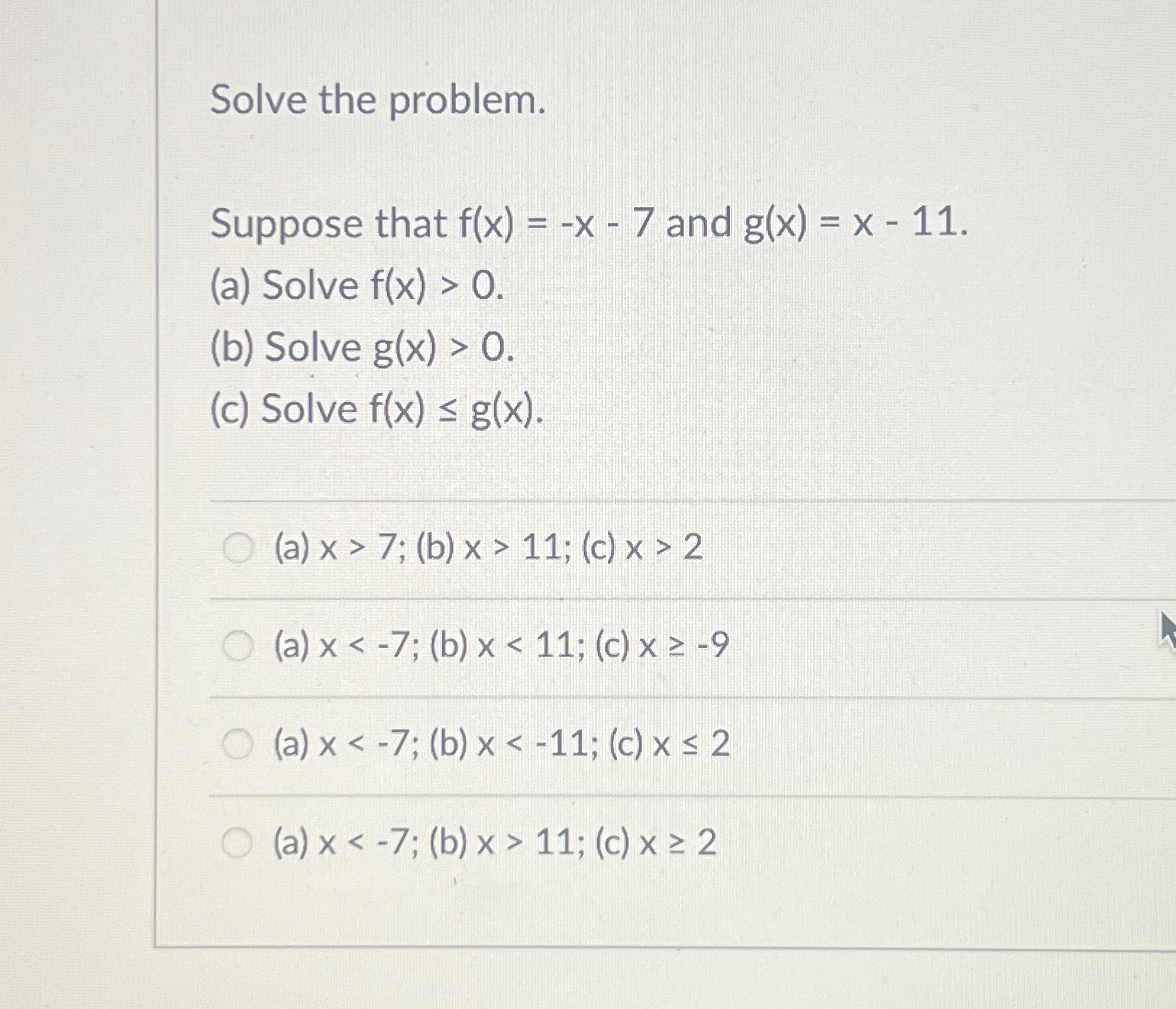Solved Solve the problem.Suppose that f(x)=-x-7 ﻿and | Chegg.com