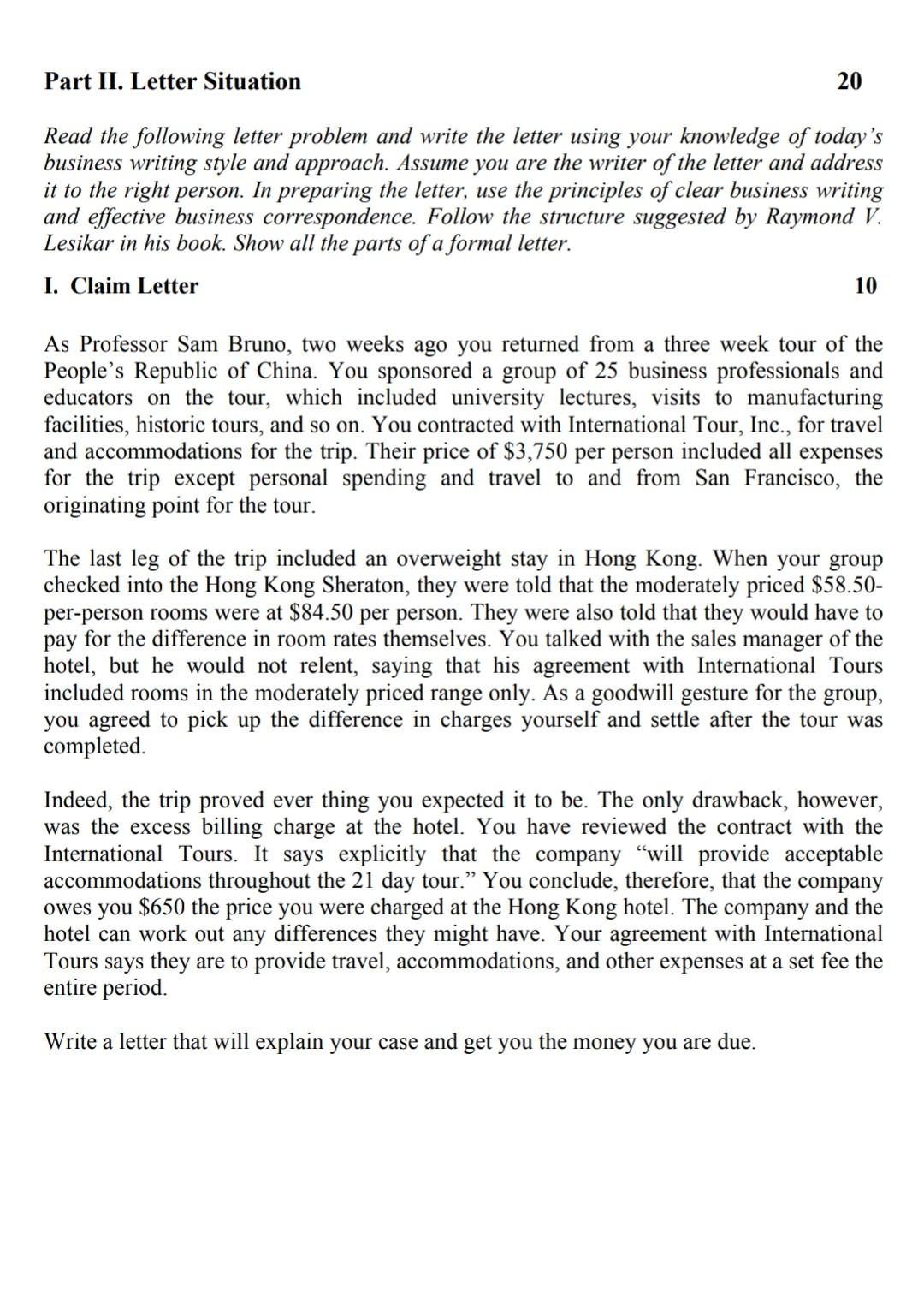 Solved Part II. Letter Situation 20 Read the following | Chegg.com