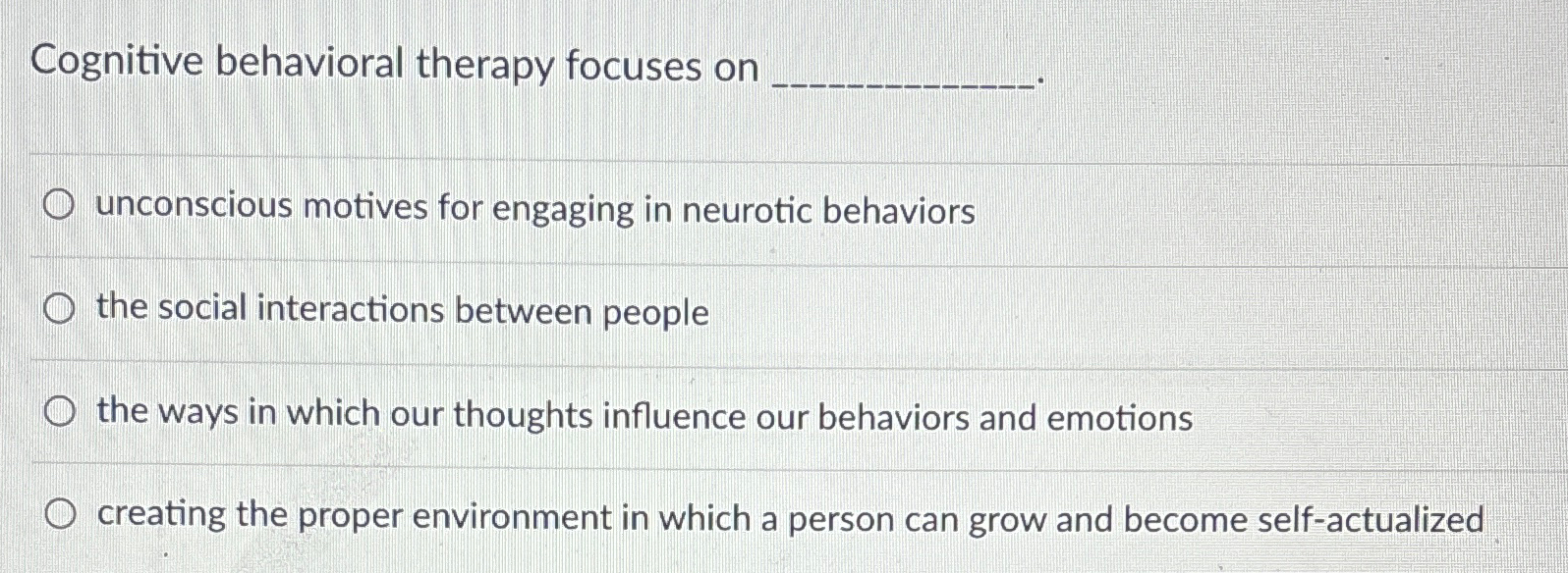 Solved Cognitive behavioral therapy focuses on:unconscious | Chegg.com