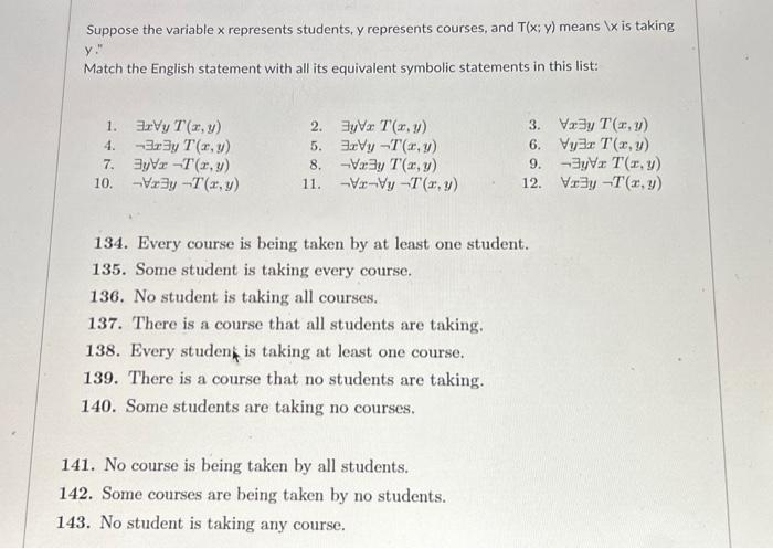 Solved Suppose the variable x represents students, y | Chegg.com