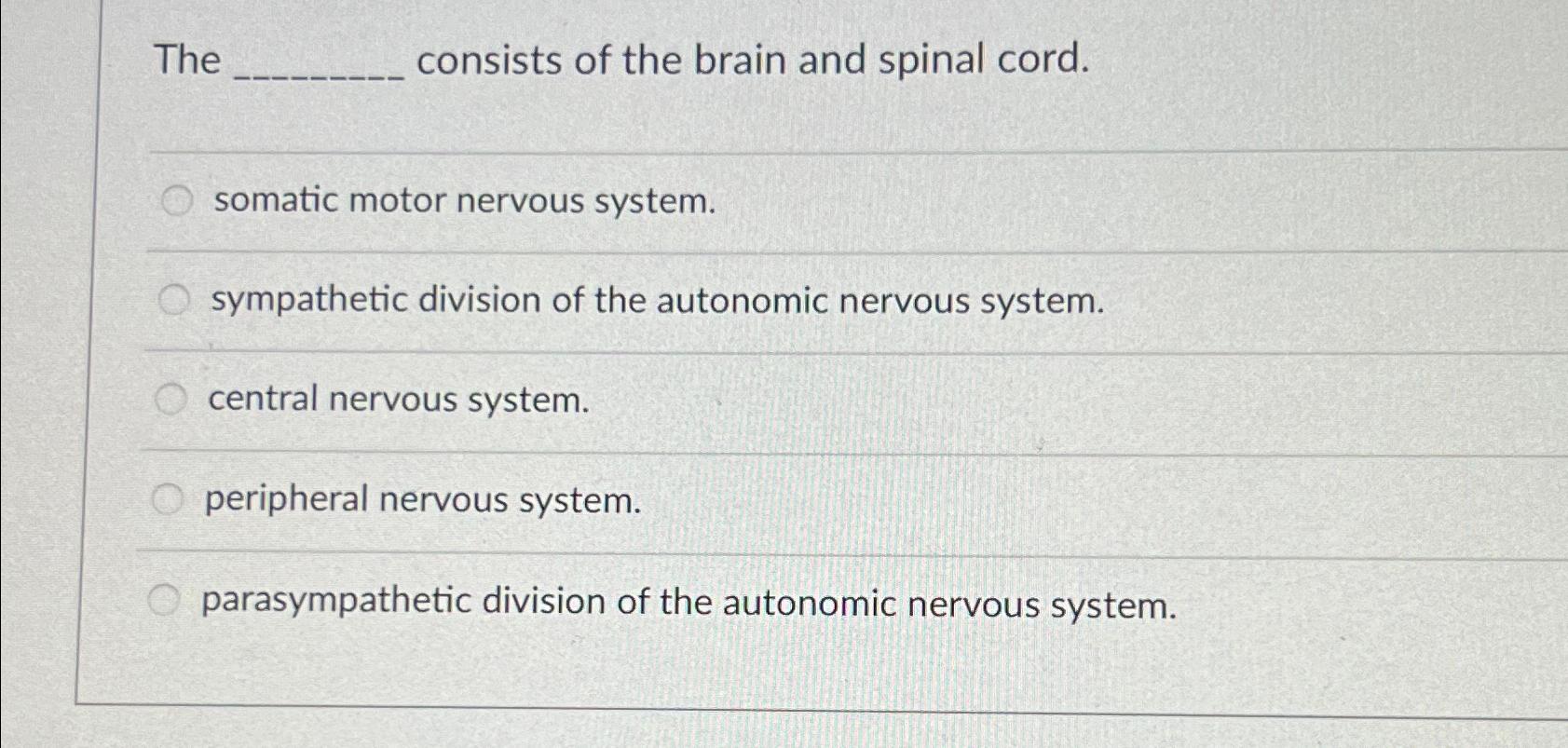 Solved The consists of the brain and spinal cord.somatic | Chegg.com