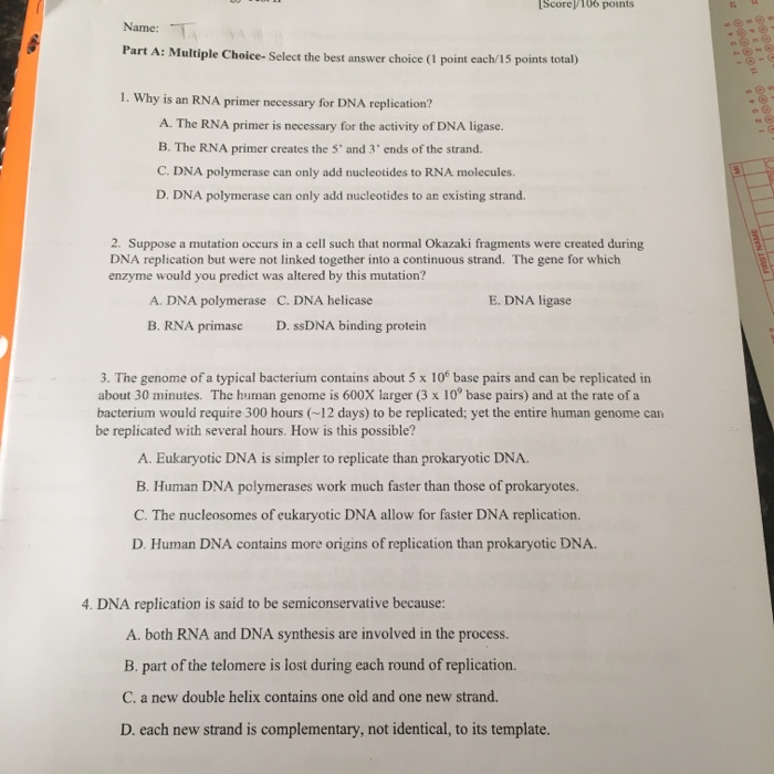 Solved (Score106 points Name: Part A: Multiple Choice-Select | Chegg.com