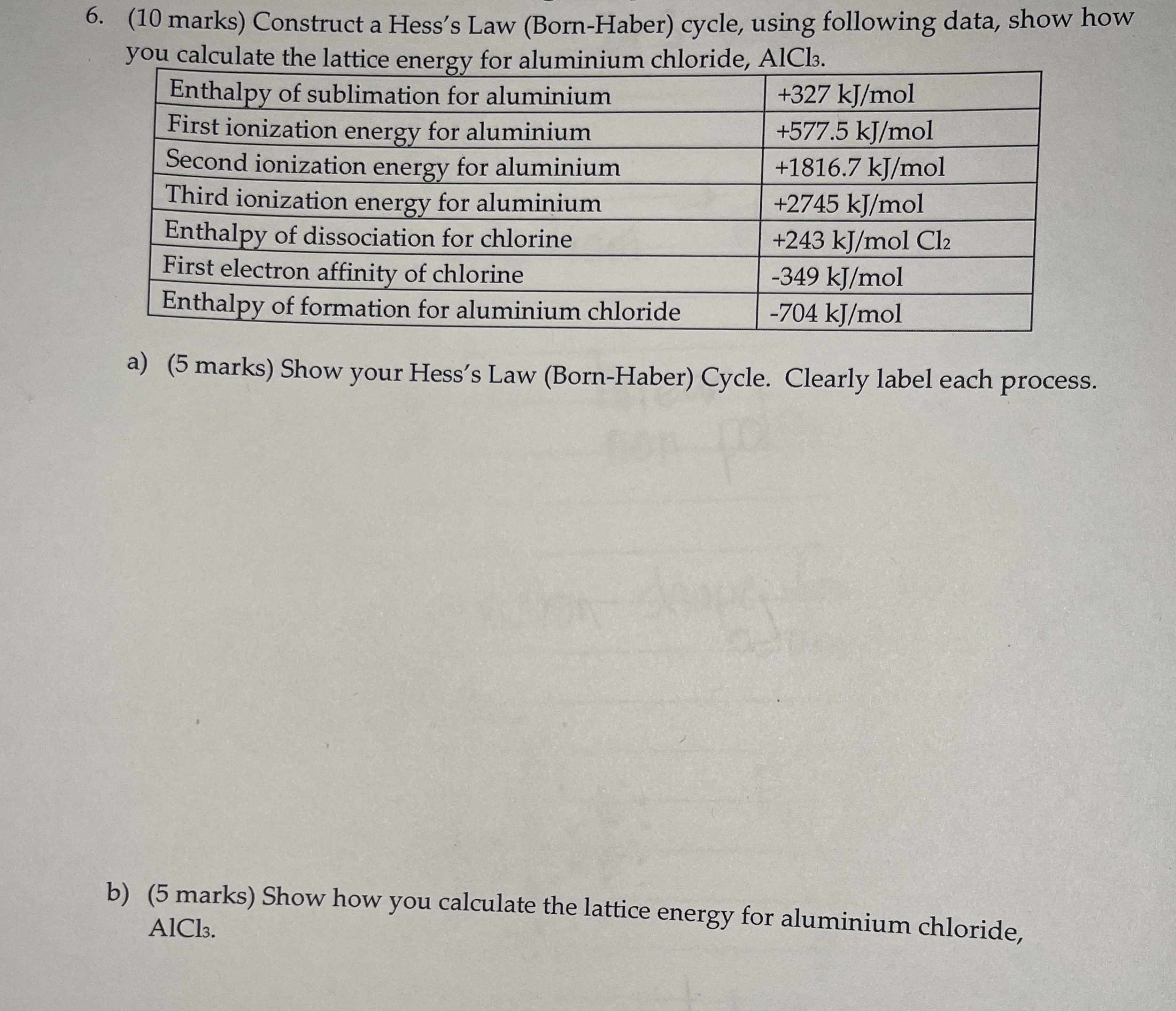 Solved (10 ﻿marks) ﻿Construct a Hess's Law (Born-Haber) | Chegg.com