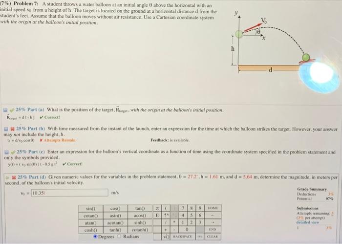 Solved (7\%) Problem 7: A student throws a water balloon at | Chegg.com
