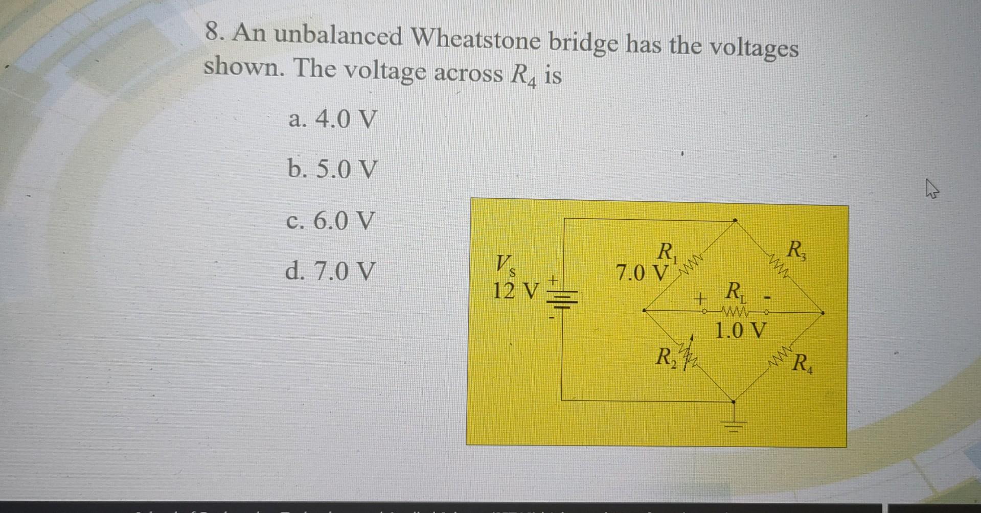 Solved 8. An unbalanced Wheatstone bridge has the voltages | Chegg.com