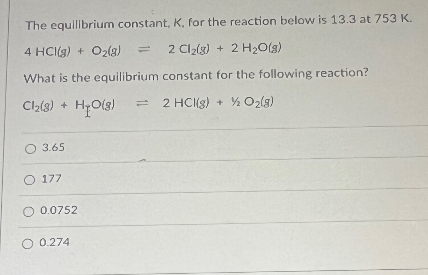 Solved The equilibrium constant, K, ﻿for the reaction below | Chegg.com
