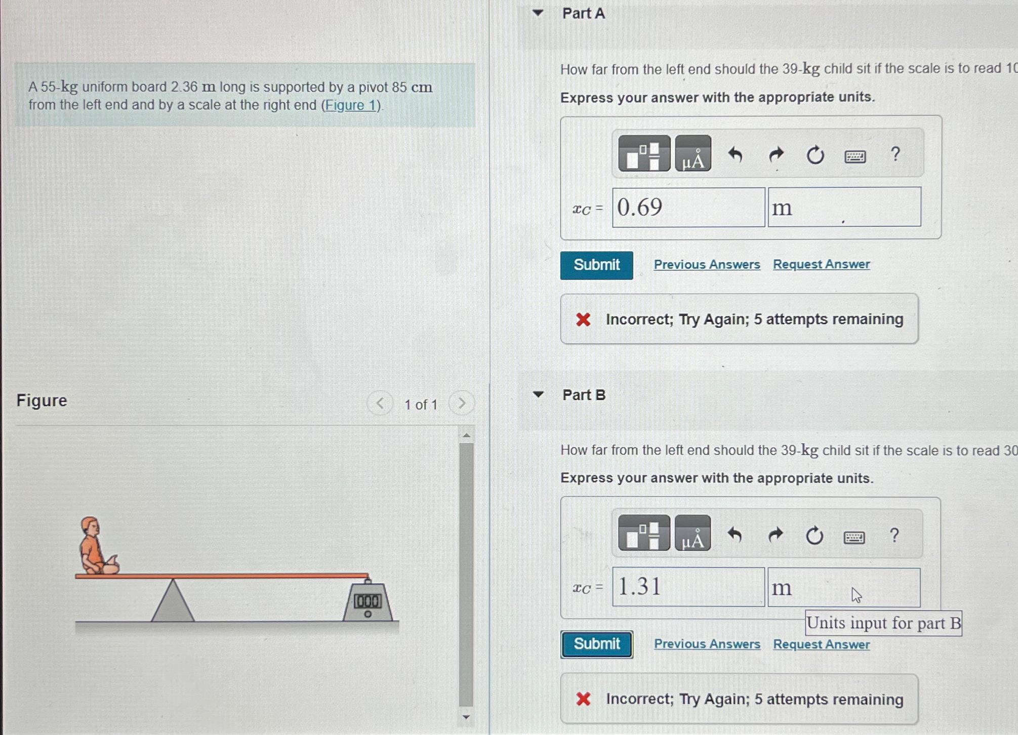 Solved Part AA 55 -kg uniform board 2.36m ﻿long is supported | Chegg.com