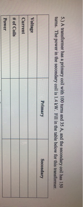 Solved 5.) A transformer has a primary coil with 100 turns | Chegg.com