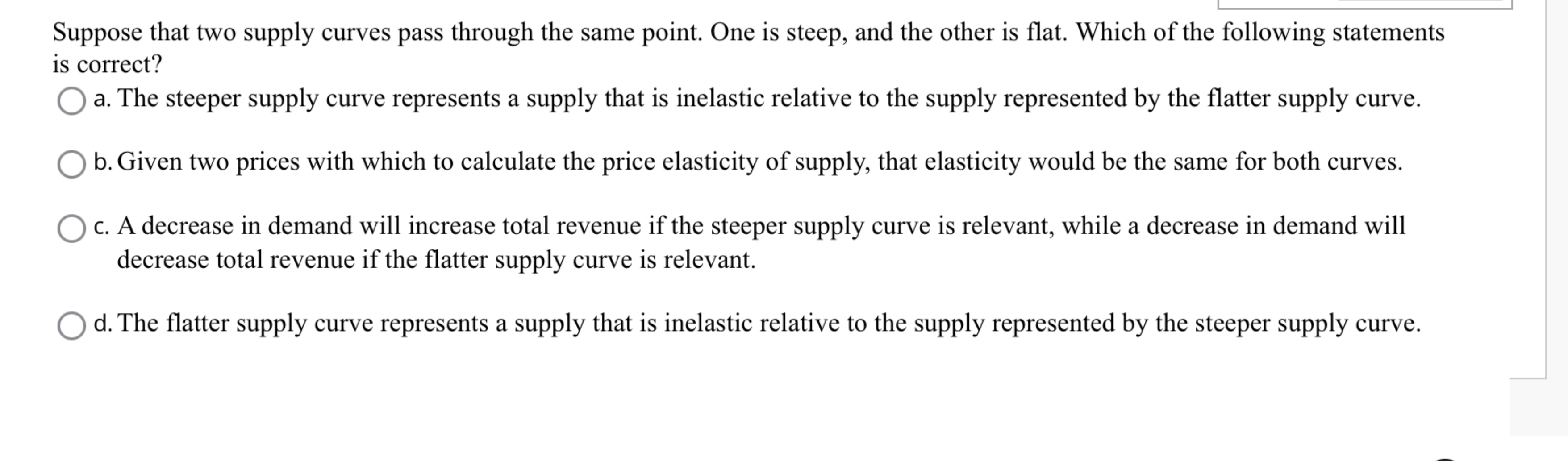 Solved Suppose that two supply curves pass through the same | Chegg.com