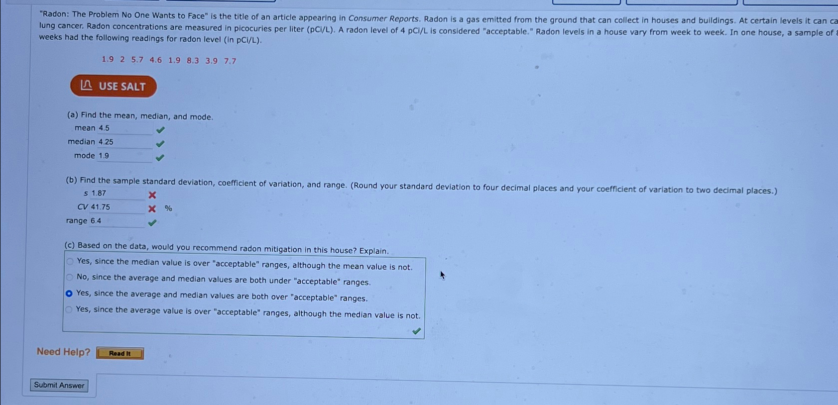 Solved weeks had the following readings for radon level (in | Chegg.com