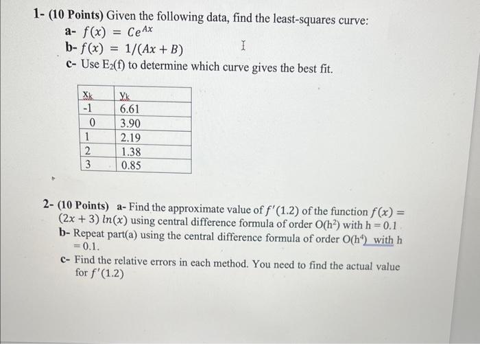 Solved 1- (10 Points) Given the following data, find the | Chegg.com