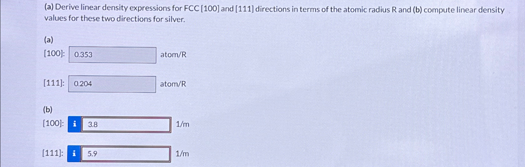 Solved (a) ﻿Derive linear density expressions for FCC [100] | Chegg.com