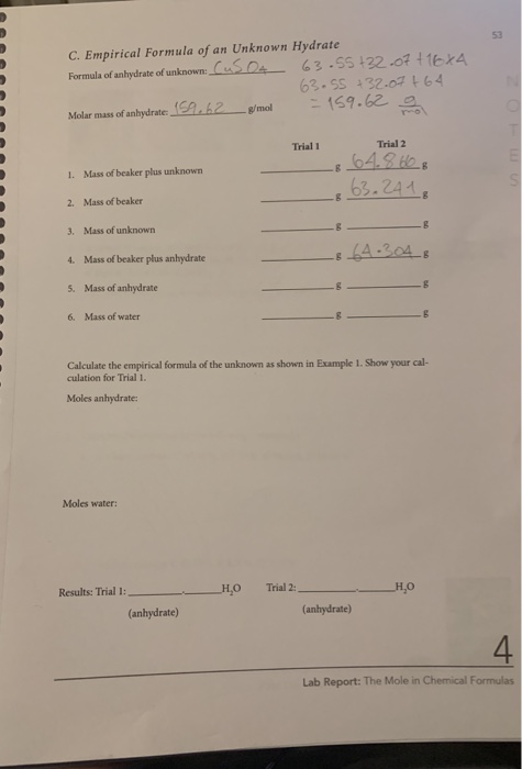 Solved S3 C. Empirical Formula of an Unknown Hydrate Formula | Chegg.com