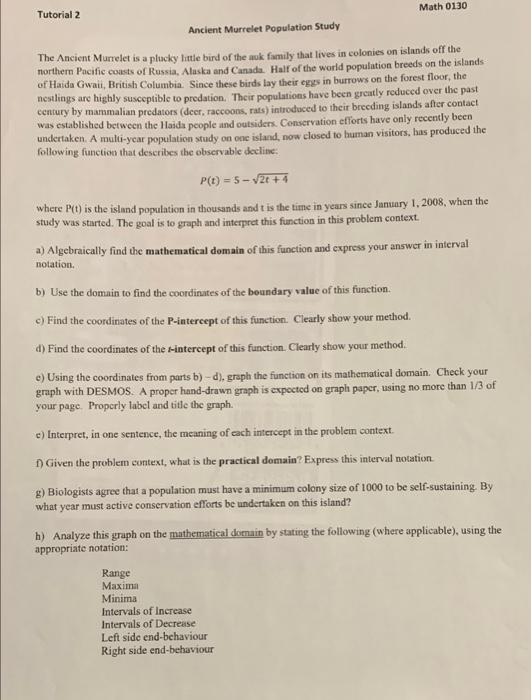 Solved Tutorial 2 Math 0130 Ancient Murrelet Population | Chegg.com