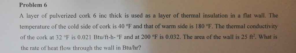 Solved Problem 6 A layer of pulverized cork 6 inc thick is | Chegg.com
