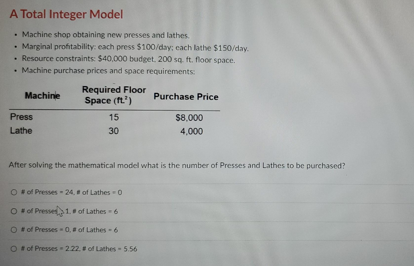 Solved A Total Integer Model • Machine shop obtaining new | Chegg.com