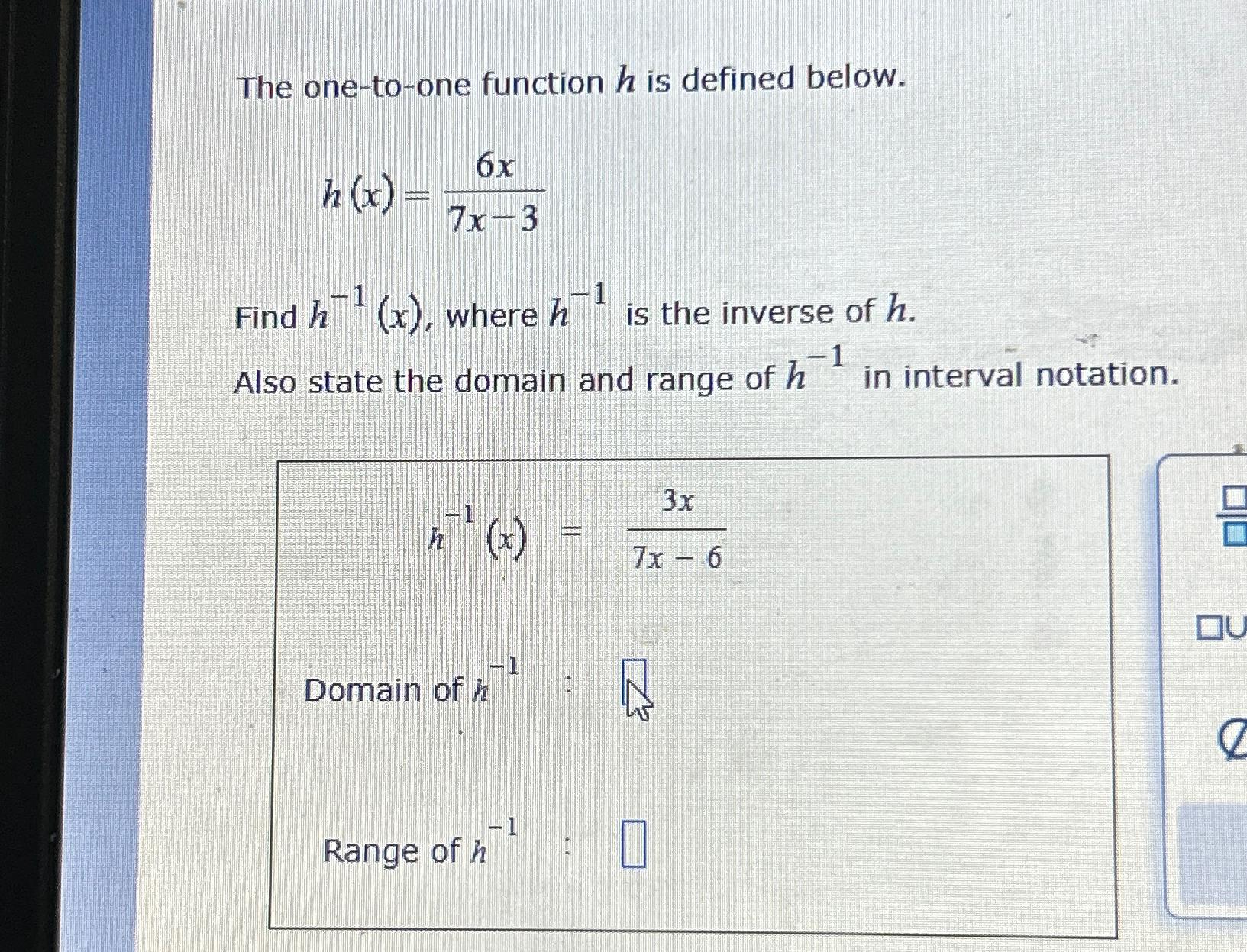Solved The one-to-one function h ﻿is defined | Chegg.com