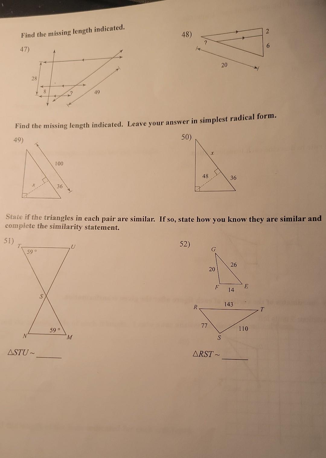 Solved Find the missing length indicated. 47) 6 20 8 ? 49 | Chegg.com