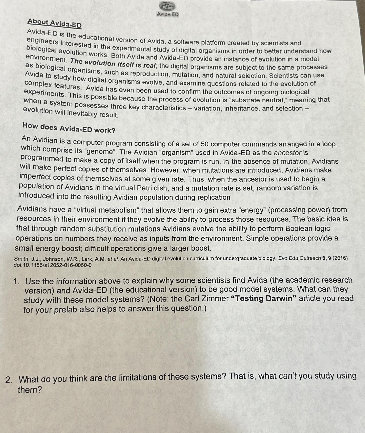 Solved AVIDA-EDAbout Avida-EDAvida-ED is the educational | Chegg.com