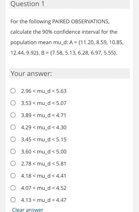 Solved For the following PAIRED OBSERVATIONS, calculate the | Chegg.com