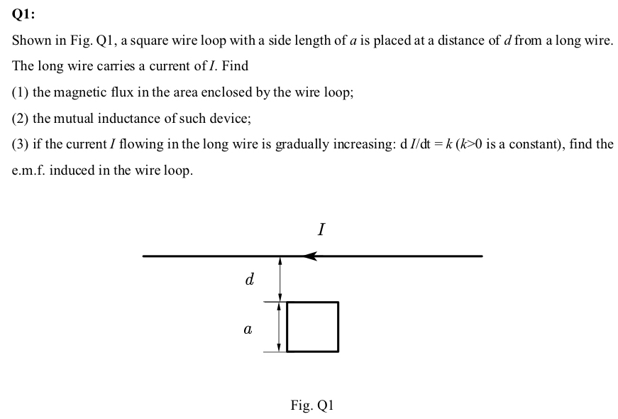 Solved Q1:Shown in Fig. Q1, ﻿a square wire loop with a side | Chegg.com