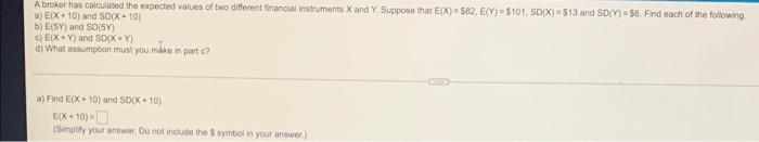 Solved A broker has calculated the expected values of two | Chegg.com