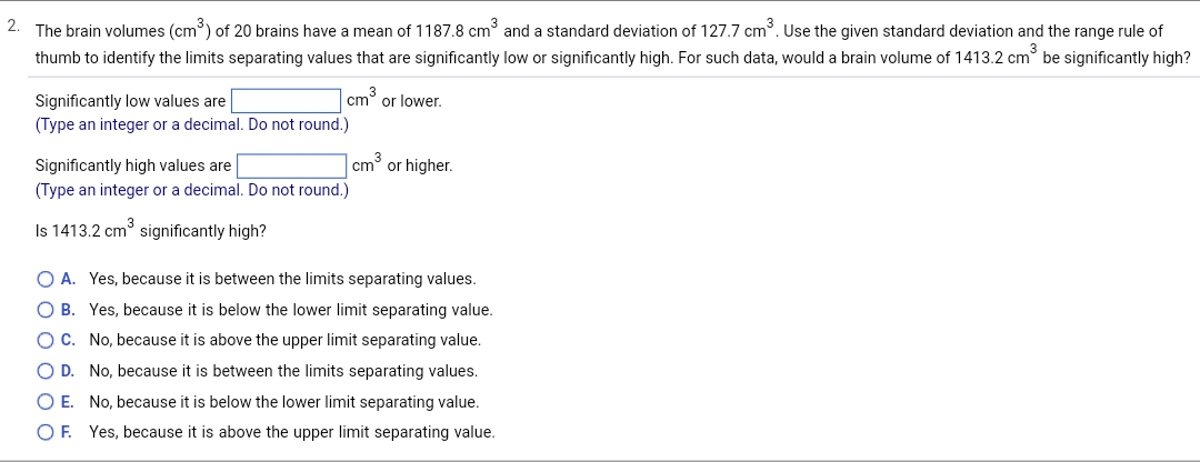 Solved The brain volumes (cm3) ﻿of 20 ﻿brains have a mean of | Chegg.com