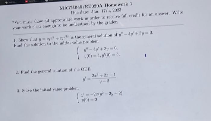 Solved MATH045/EE020A Homework 1 Due date: Jan. 17 th, 2023 | Chegg.com