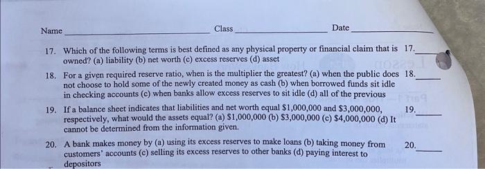 Solved Name Class Date 17. Which of the following terms is | Chegg.com