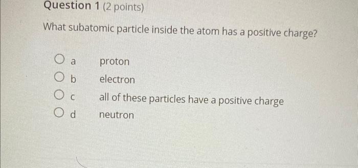 Solved What subatomic particle inside the atom has a | Chegg.com