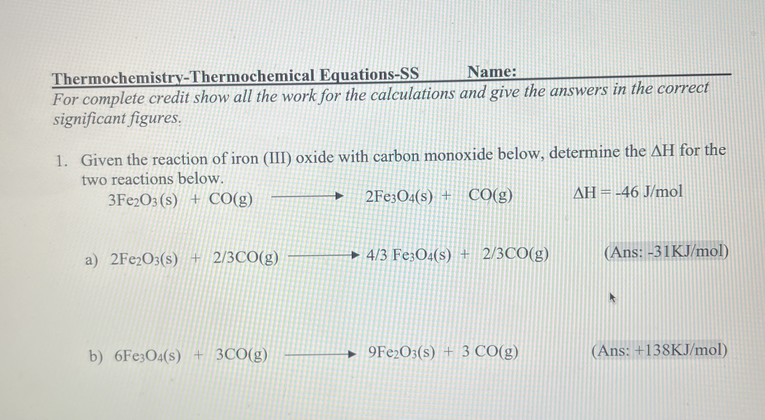 Solved Thermochemistry-Thermochemical Equations-SS Name:For | Chegg.com