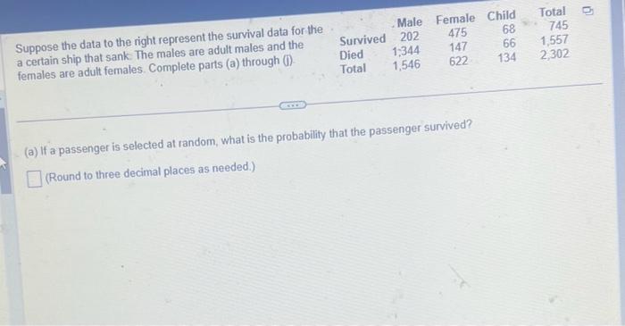 Solved Suppose the data to the right represent the survival | Chegg.com