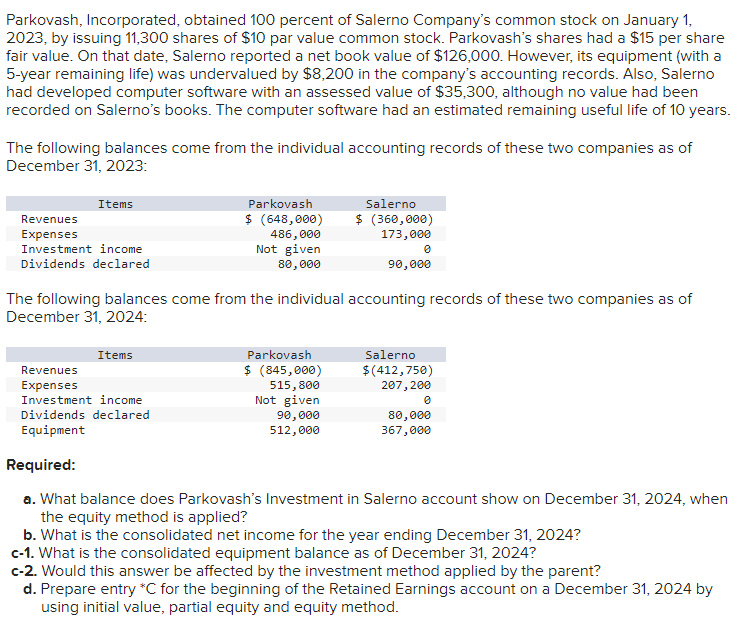 Solved Parkovash, Incorporated, obtained 100 ﻿percent of | Chegg.com