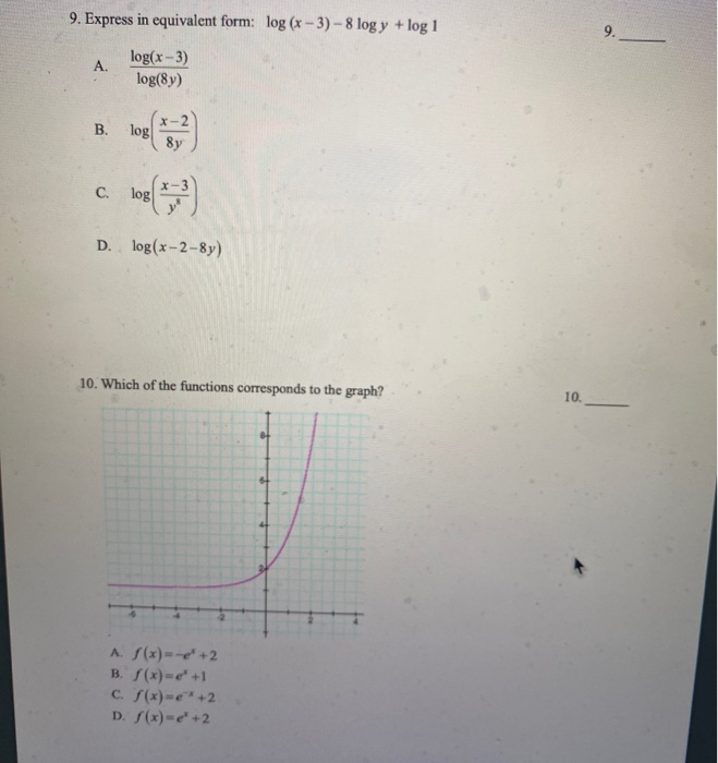 Solved 9. Express in equivalent form: log (x - 3) - 8 log y | Chegg.com