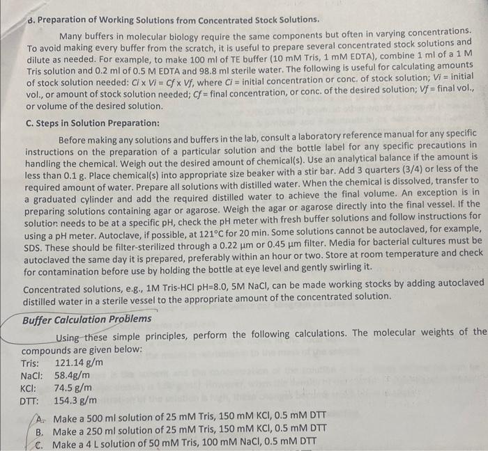 Solved d. Preparation of Working Solutions from Concentrated | Chegg.com