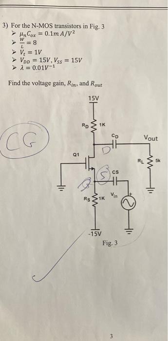 Solved > = 8 3) For the N-MOS transistors in Fig. 3 My Cox | Chegg.com