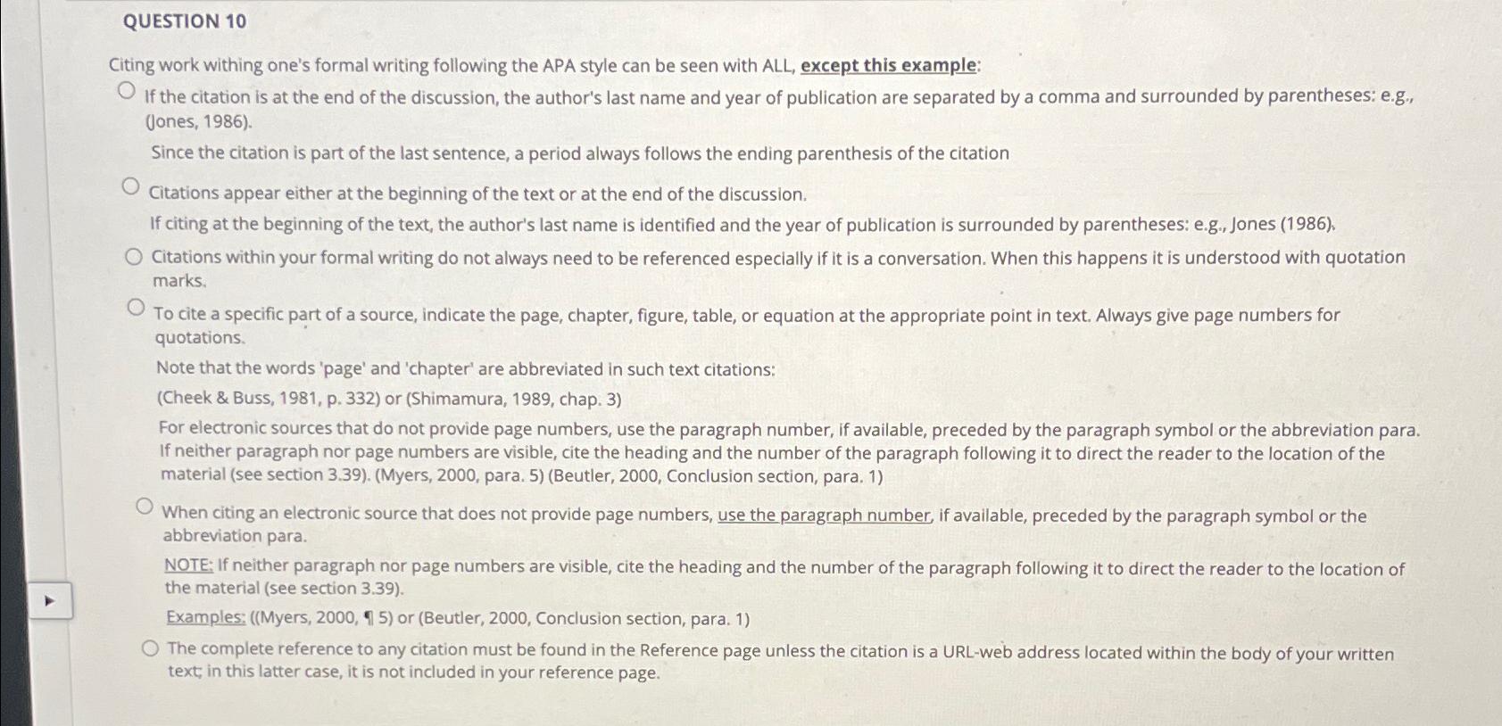 Solved QUESTION 10Citing work withing one's formal writing | Chegg.com