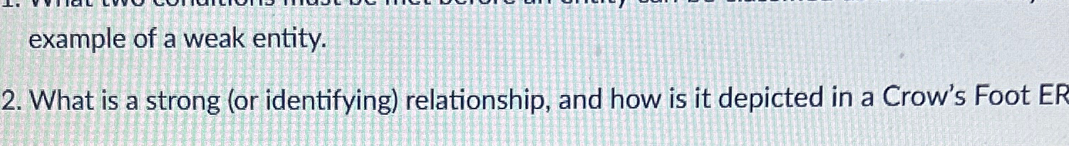 Solved example of a weak entity.2. ﻿What is a strong (or | Chegg.com