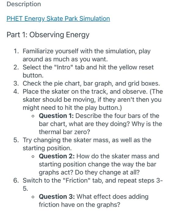 Description PHET Energy Skate Park Simulation Part 1: | Chegg.com