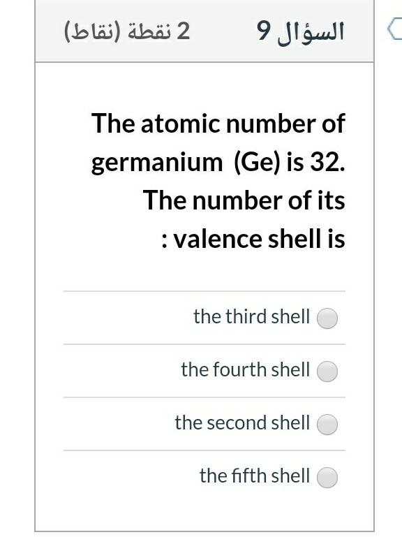 Solved 2 نقطة (نقاط) السؤال 9 The atomic number of germanium | Chegg.com