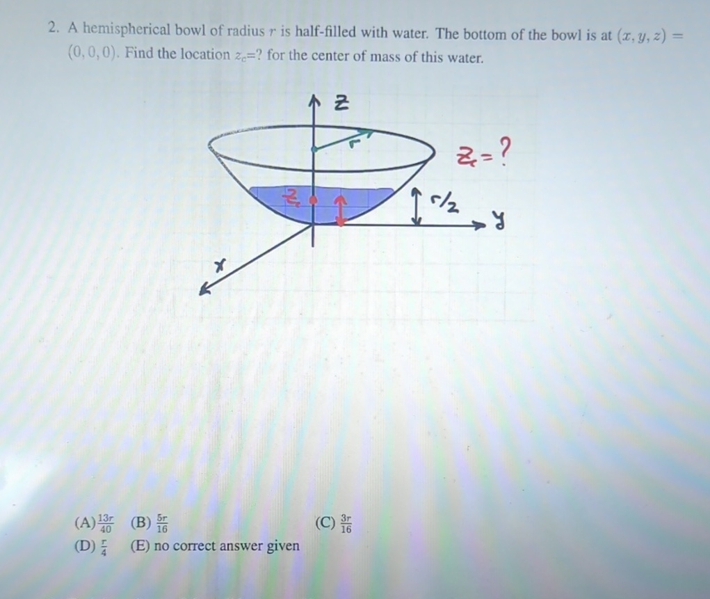 Solved A hemispherical bowl of radius r ﻿is half-filled with | Chegg.com